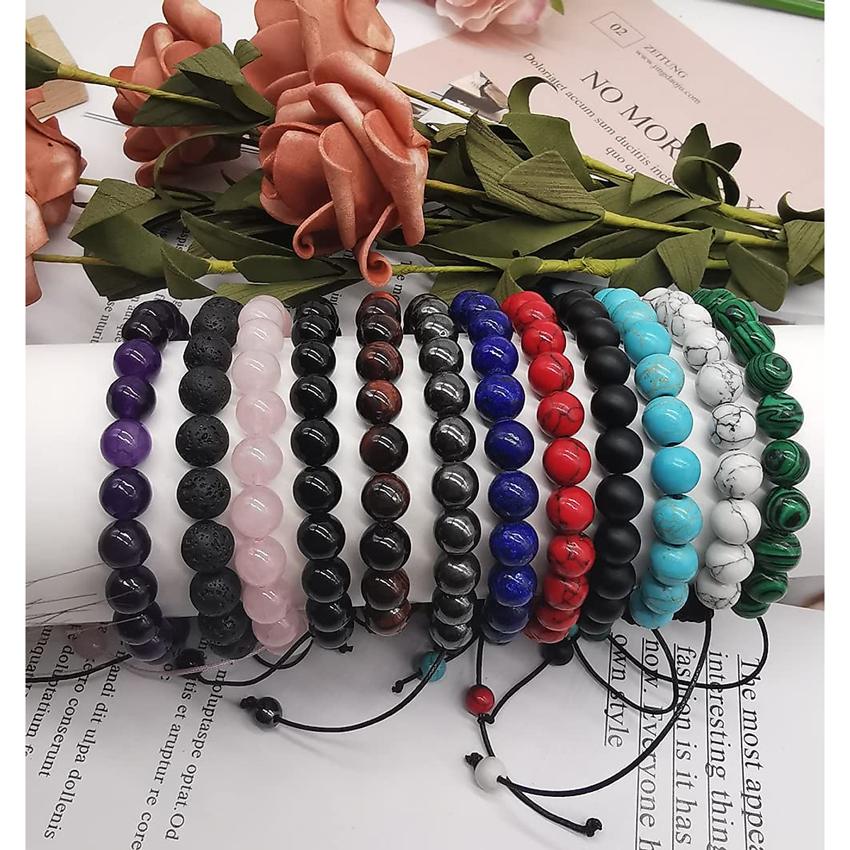 SAMOCO 12 Pcs 8mm Beads Natural Crystal Bracelet for Women Men Gemstone Beads Bracelet Unisex Adjustable Macrame Bracelets Set