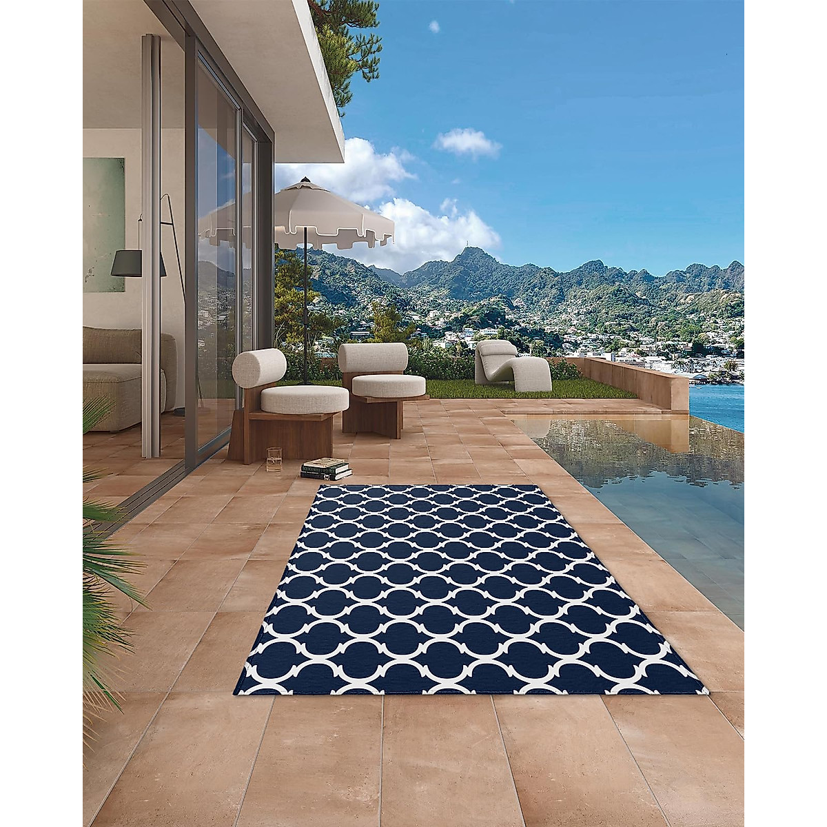 Outdoor Patio Rug Moroccan Tile Print Geometric Outdoor Rug Waterproof Floor Carpet Navy Blue Indoor Outdoor Area Rug Mats for Camping RV Picnic Balcony Porch Backyard Deck Beach