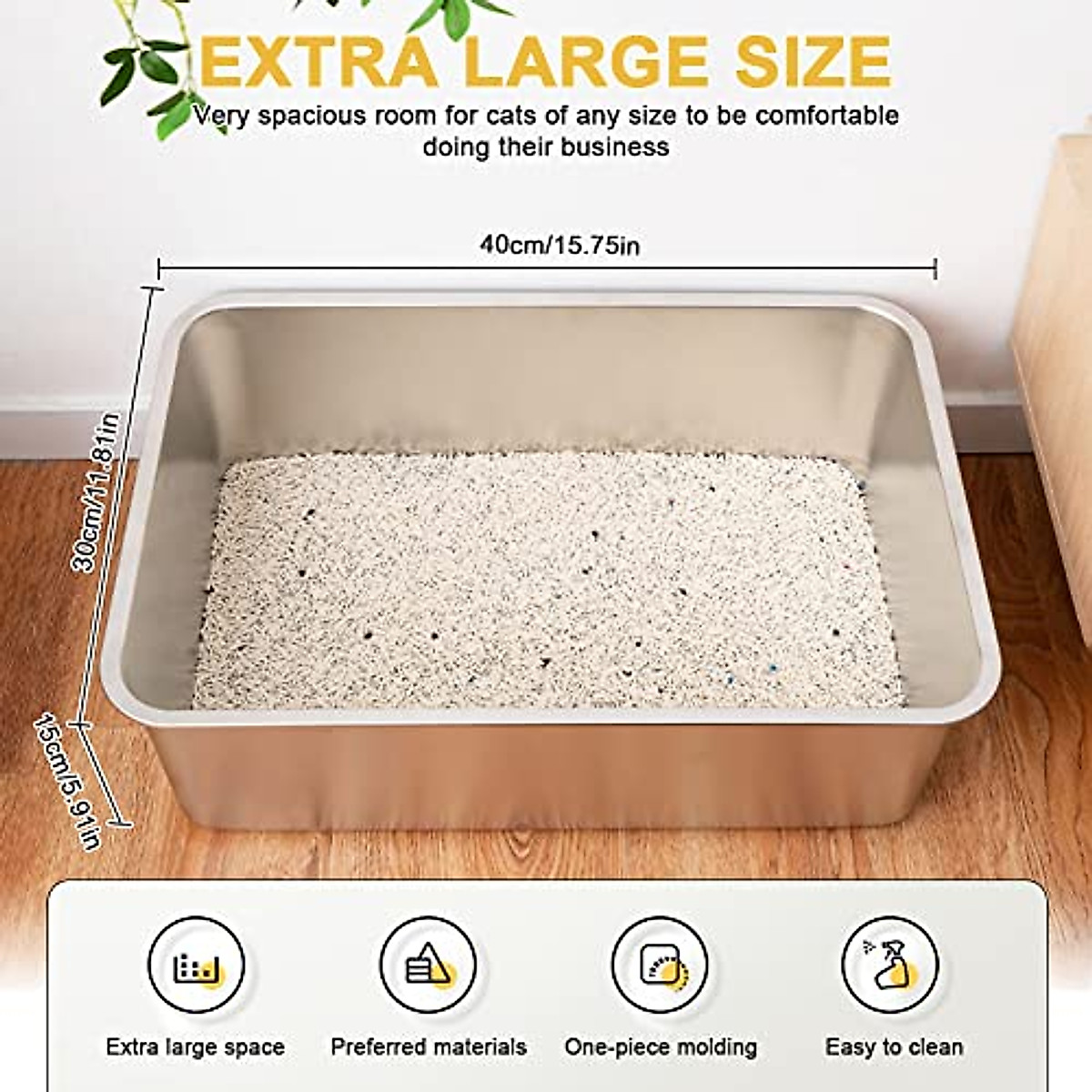 3 Pack Stainless Steel Cat Litter Box, Rust Proof Large Metal Cat Box with High Sides Nonstick Litter Pan Safe and Hard for Kitten and Bunny, Easy to Clean (15.7 x 11.8 x 5.9 Inches)