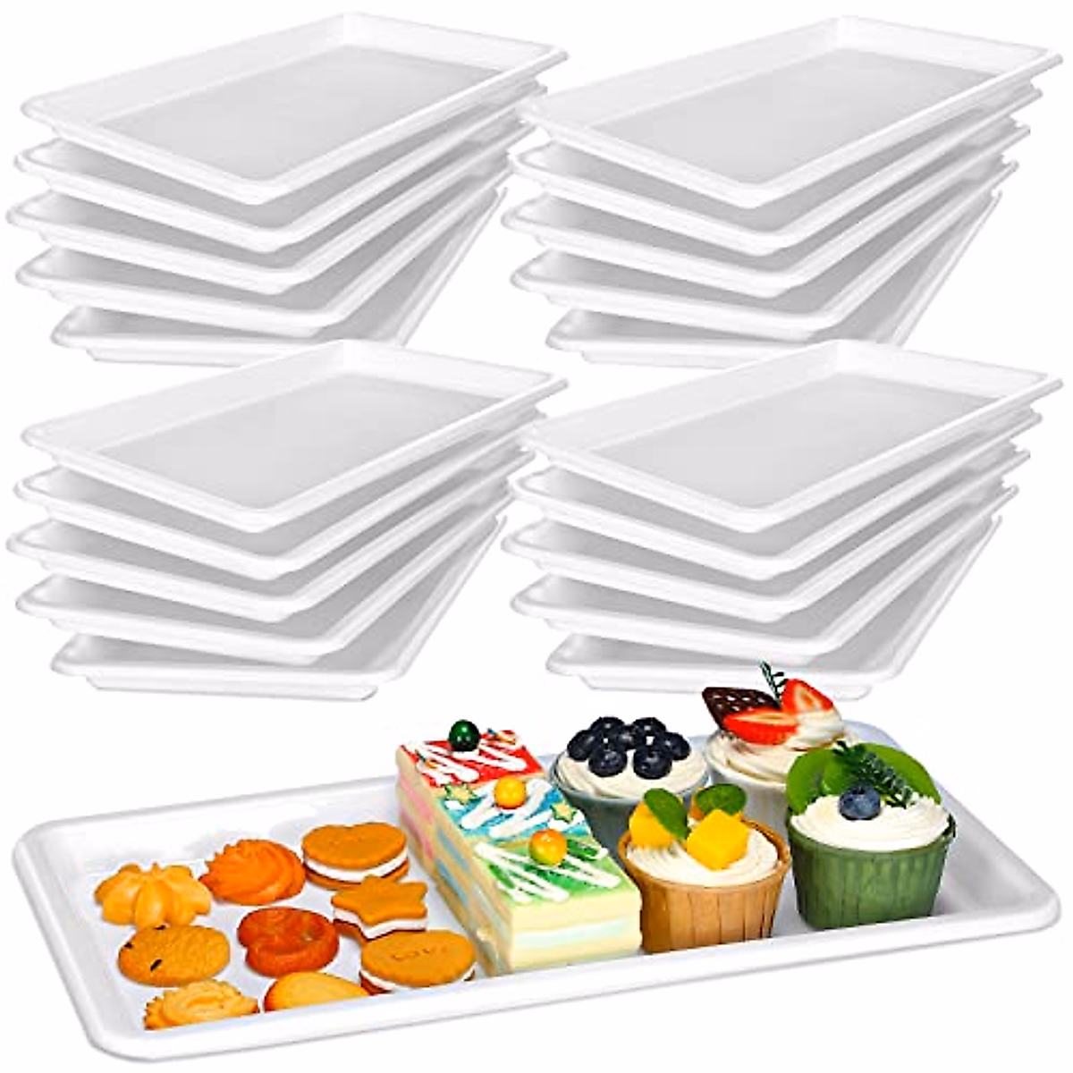 20 Pieces Rectangle Plastic Serving Trays Set 15 x 8 Inch White Rectangle Food Trays Decorative Catering Cookie Plastic Fast Food Trays Disposable Serving Platter for Party Buffet Wedding Parties