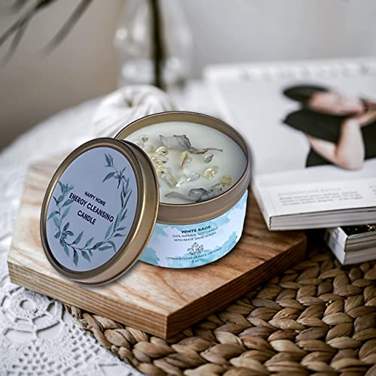 White Sage Smudge Candle with Citrine & Quartz Gemstone Crystals 100% Natural Soy Essential Oils (Sage)