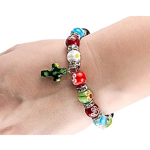 Nazareth Store Colorful Agate Stone Flower Beads Bracelet with Hanging Genuine Cross Spiritual Religious Gifts for Women and Men