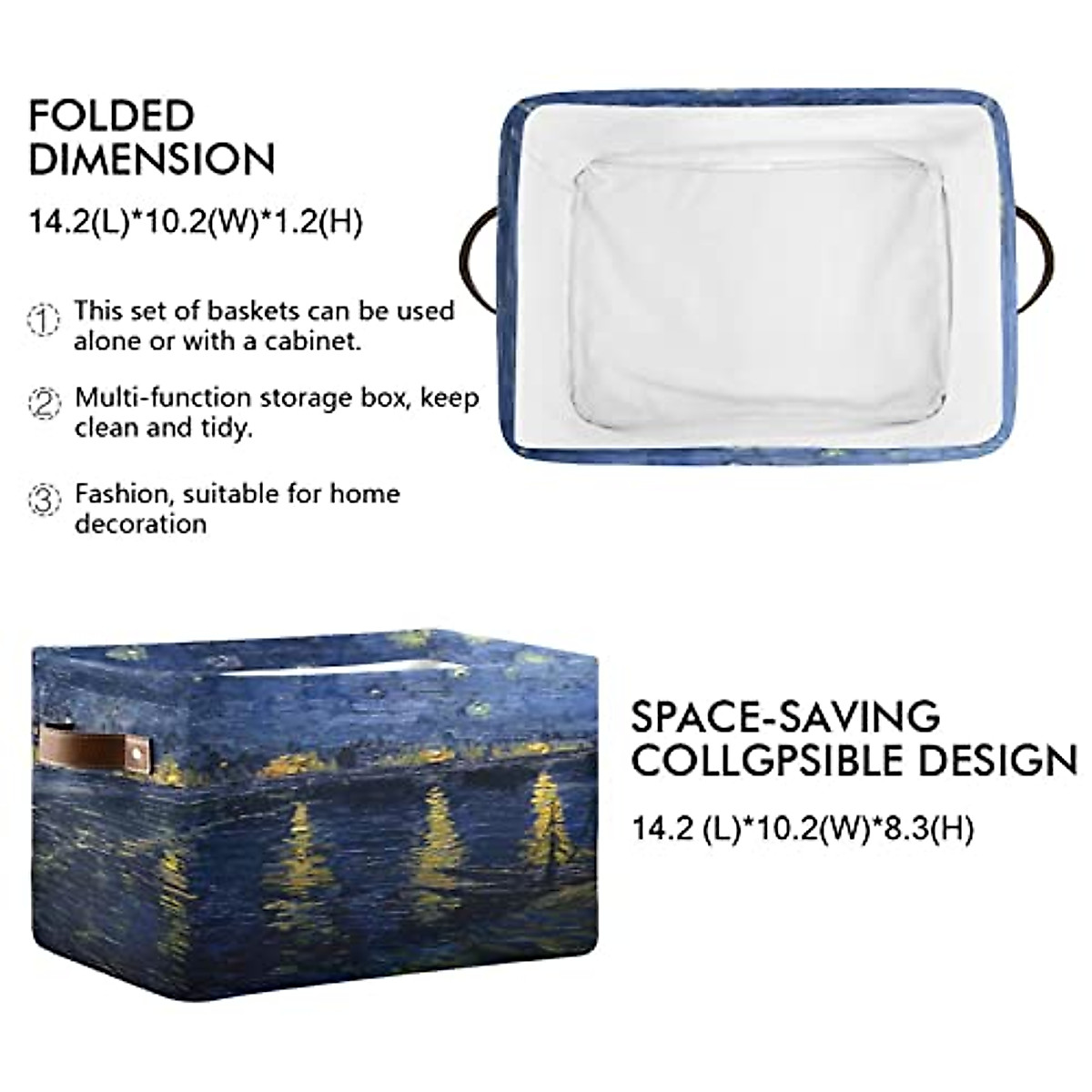 ALAZA Van Gogh Moon Art Large Storage Basket with Handles Foldable Decorative 1 Pack Storage Bin Box for Organizing Living Room Shelves Office Closet Clothes