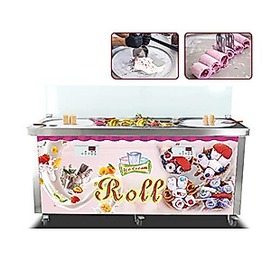 Commercial 22'' Double Round Pans + 10 pcs Refrigerated Tanks Fried Ice Cream Rolled Machine, Gelato Fry Frozen Yogurt Ice Cream Maker for Street Snack Food, Kitchen, Cafe Shop, Bar (ETL Certificate)