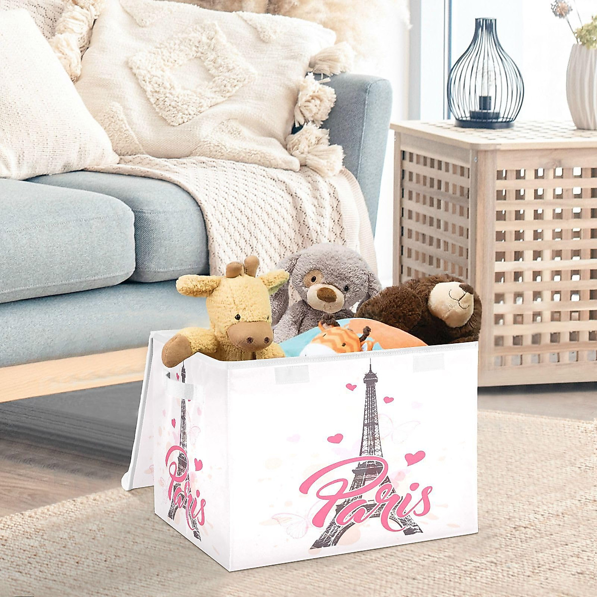 SUABO Paris Eiffel Tower Storage Bin with Lid, Pink Large Oxford Cloth Butterfly Love Storage Boxes Foldable Home Cube Baskets Closet Organizers for Nursery Bedroom Office