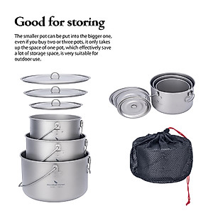 Boundless Voyage Titanium Hanging Pot for Outdoor Camping Backpacking Hiking Ultralight Portable Cooking Pot Camp Kitchen Cookware 1300ML/1950ML/2900ML (3 Pcs Set)