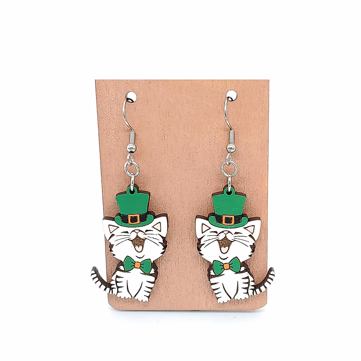 Pingyongchang St. Patrick's Day Earrings Irish Shamrock Rainbow Wood Dangle Drop Earrings Handmade Green Clover Cat Dog Wooden Earrings for Women Holiday Good Lucky Jewelry Gift-Cat