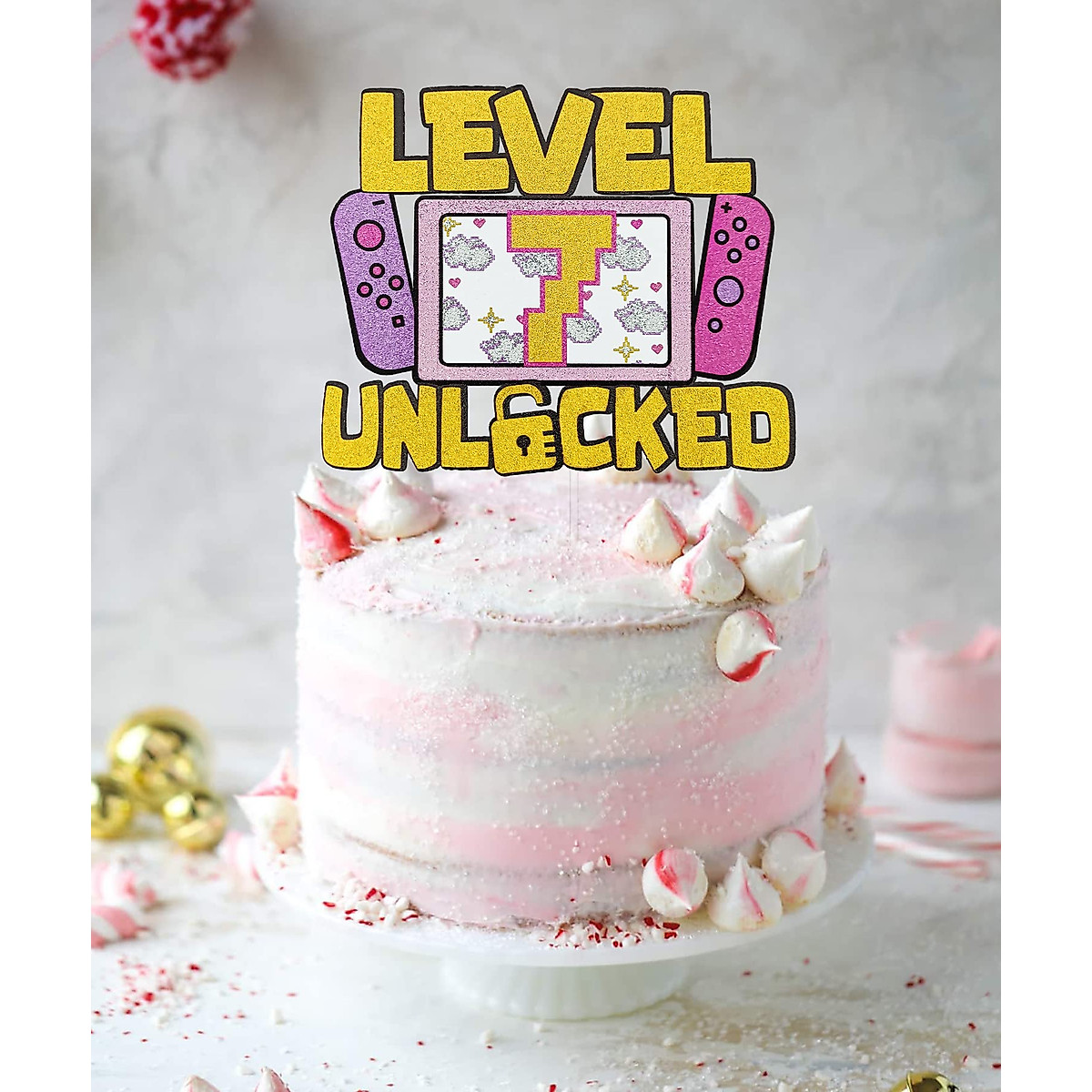 Girls Level 7 Unlocked Cake Topper, Glitter Girls Gaming 7th Birthday Cake Topper, Video Game Theme Party Decoration, Girl Gamer Birthday Favor
