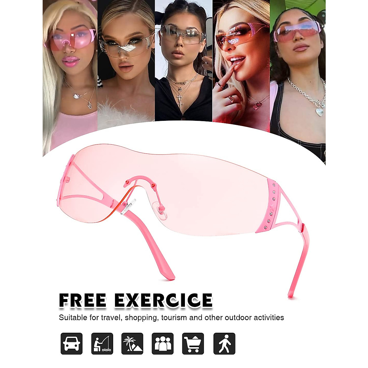 TIANYESY Y2K Sunglasses For Women Men Fashion Shield Rimless Wrap Around Sunglass Gradient Lens Trendy Oversize Sun Glasses (Silver+Pink)