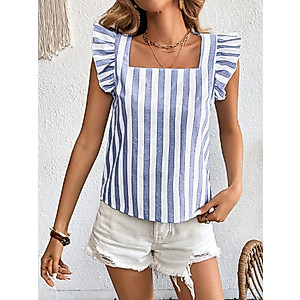 WDIRARA Women's Striped Ruffle Cap Sleeve Square Neck Boho Summer Blouse Casual Top Blue and White M