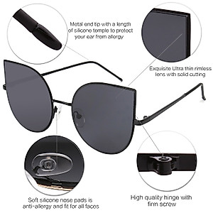 SOJOS Cat Eye Mirrored Flat Lenses Ultra Thin Light Metal Frame Women Sunglasses SJ1022 with Black Frame/Grey Lens