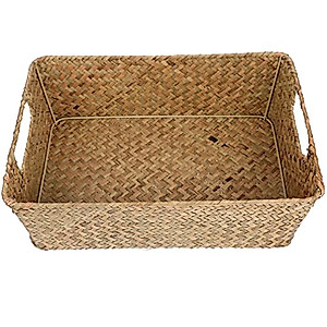 Luxshiny Baskets Large Wicker Storage Basket with Handles Rectangular Water Hyacinth Organizer Bin Retro Hand- Woven Seaweed Storage Basket Box for Jewelry Cosmetics Wicker Baskets