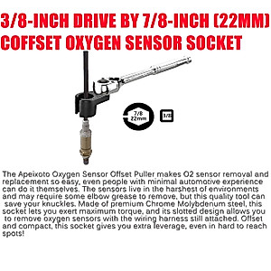 AP1822F 3/8-inch Drive by 7/8-inch (22mm) Offset Oxygen Sensor Socket High-performance chrome molybdenum steel construction Wire Gate Accesses Sensor from The Side, Preventing Damage to Wires
