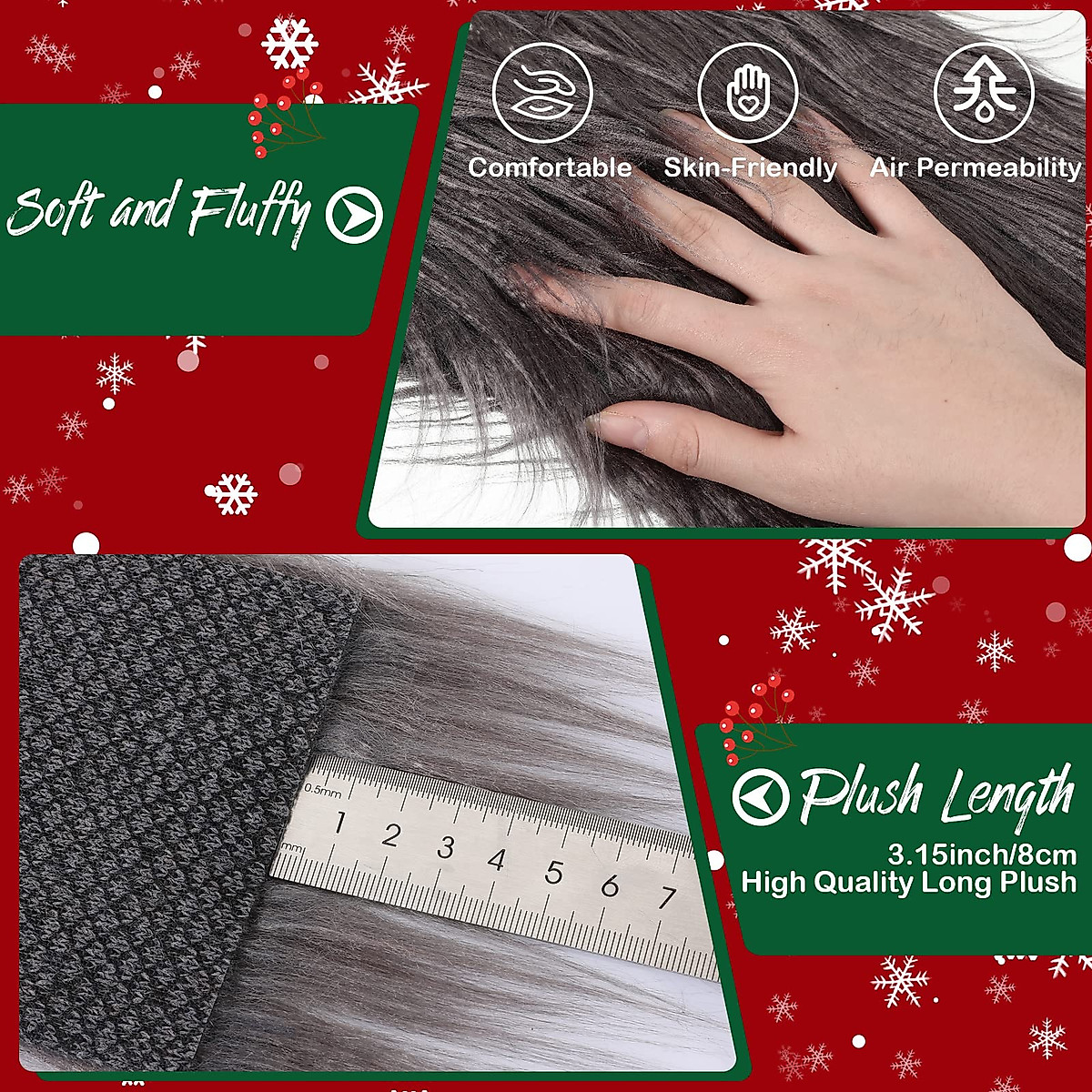 3 Pcs 4 x 60 Inch Christmas Plush Faux Fur Fabric Faux Fur Scrap Pieces Fuzzy Craft Fake Fur Furry Fluffy Fabric Fur Chair Cover Patch Clothing Decoration for Beard Cosplay Costume DIY Projects