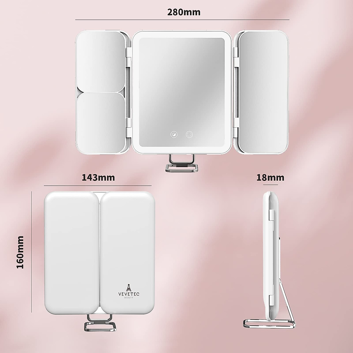 VEVETEC Rechargeable Lighted Makeup Mirror, Portable Led Vanity Mirror, Dimmable, Magnifying Glass 1X/3X/7X Magnification, Touch Control,Travel Cosmetic Mirror