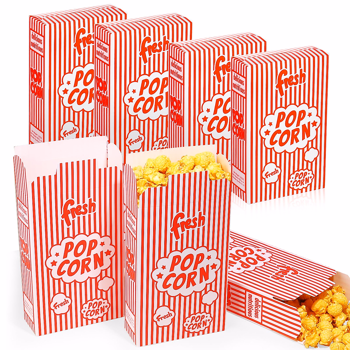 Dualshine 100 Pack Popcorn Boxes,1.25 oz Paper Popcorn Containers,Red and White Striped Close-Top Cardboard Pop Corners Bags Individual Servings for Theater Night Movie,Party,Christmas