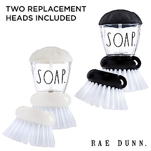 Rae Dunn Collection Soap Dispensing Dish Brush Set - Set of 2 Palm Brush Dish Scrubber with 2 Replacement Brush Heads