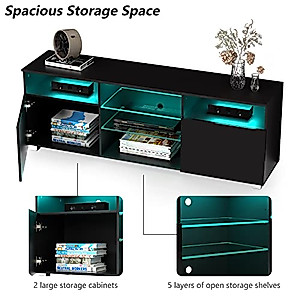 LED TV Stand for 65 inch TVs, Modern TV Stand with LED Lights and High Glossy Cabinets, Game Console Entertainment Center with Storage Shelves and Media Layers for Living Room Bedroom (Black, 57inch)…