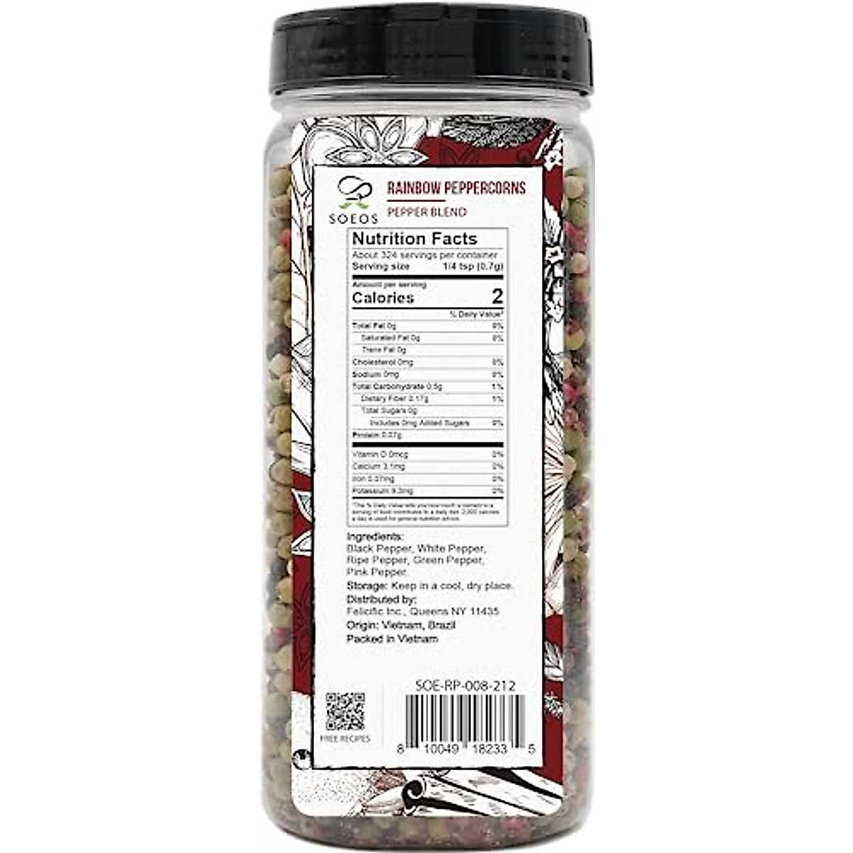 Soeos Rainbow Peppercorns, 8oz (Pack of 1), Non-GMO, Kosher, Packed to Keep Peppers Fresh, Peppercorn for Grinder Refill, Whole Peppercorns