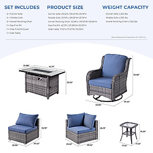 XIZZI Patio Furniture with Swivel Rocking Chairs,10 PCS Outdoor Sectional Sofa with 42" 50000 BTU Propane Fire Pit Table and Side Table,All Weather PE Rattan Outside Conversation Set (Denim Blue)