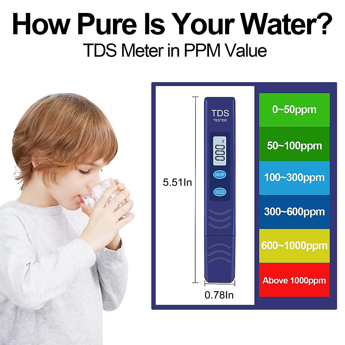 TDS Meter, Electronic Water Tester with 0-9990 PPM Measurement Range, Hand Held Digital Water Test Pen for Farming, Aquariums, Pools, Household Drinking Water (Blue)
