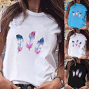 wodceeke 2021 Summer Tops For Women Short Sleeve Round Neck Feather Print Basic Tee Casual Loose Solid Color Top (White,M)