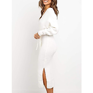 Chang Yun Women's Long Maxi Sweater Dresses Sexy Wrap Batwing V Neck Slit Open Back Holiday Bodycon Dress with Belt