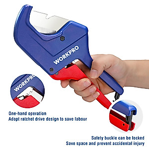 WORKPRO Ratchet PVC Pipe Cutter Tool, Up to 2-1/2", Pex Cutting Tool for Cutting PEX, PVC, PPR, and Plastic Hoses with Sharp 5Cr15MoV Stainless Steel Blades, Suitable for Home Repairs and Plumbers