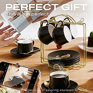 Lareina Espresso Cups with Saucers, Spoons and Metal Stand, Small 4 oz Ceramic Cappuccino Coffee Cups Set of 6, Cute Demitasse Cups with Handle for Nespresso Lungo, Double Espresso, Cortado(Black)