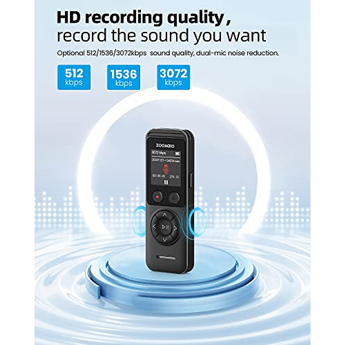 ZOOAOXO 64GB Digital Voice Recorder, Bluetooth Voice Recorder, Dual Microphone, 3072 kbps HD, A-B Repeat, Recording Monitoring, Noise Reduction, Voice Activated Recording
