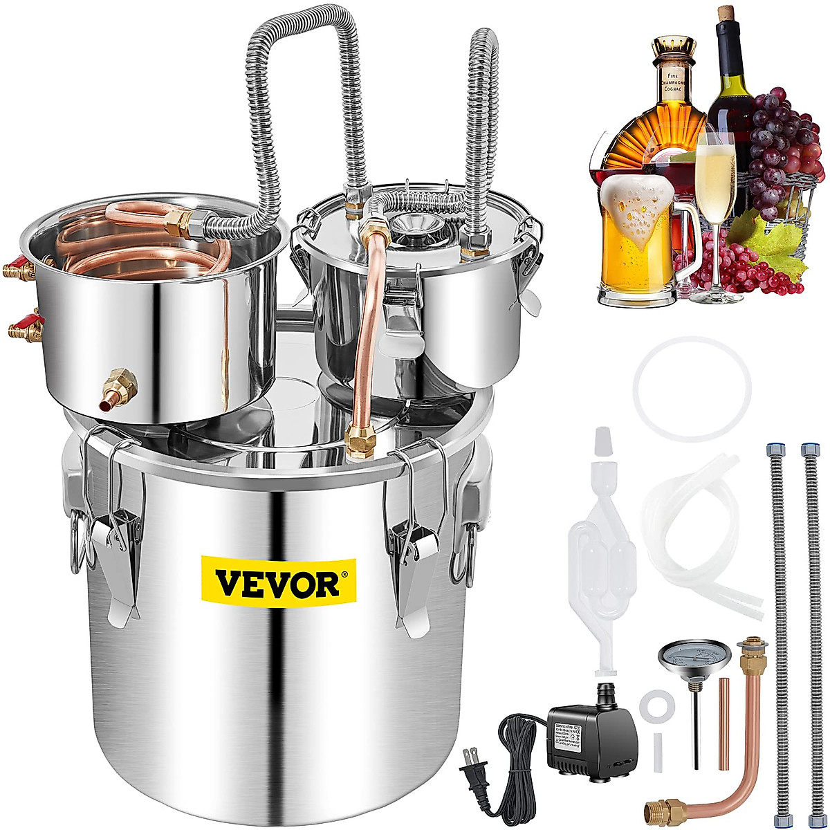 VEVOR Alcohol Still, 13.2Gal / 50L Stainless Steel Water Alcohol Distiller Copper Tube Home Brewing Kit Build-in Thermometer, Silver & Hydrometer - Alcohol, 0-200 Proof and Tralle