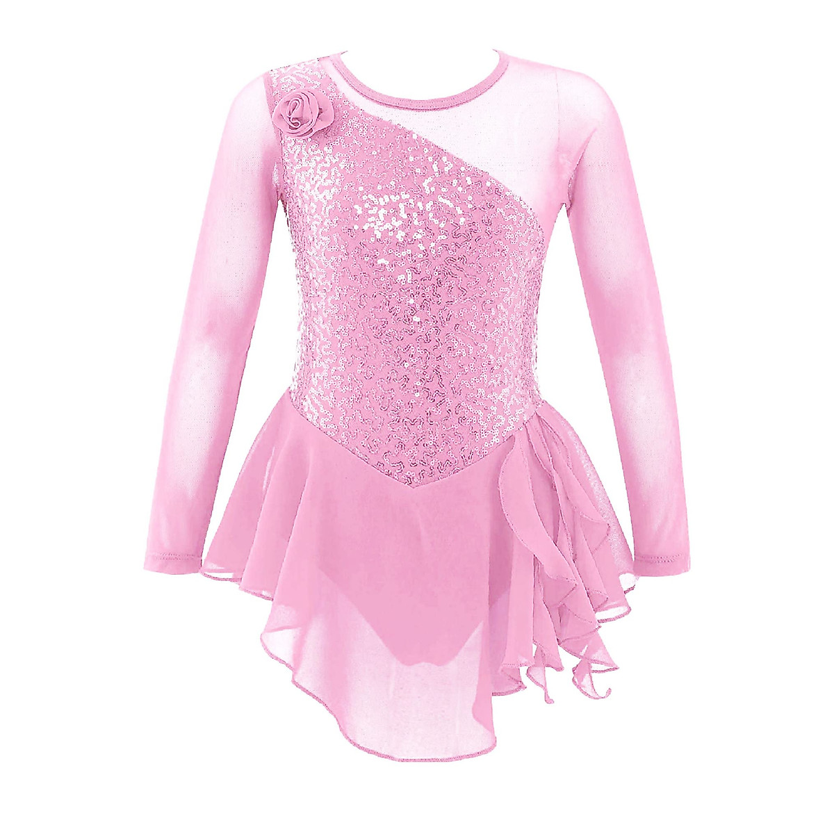 easyforever Kids Girls Metallic Snowflake Ice Figure Skating Tutu Dress Long Sleeve Gymnastic Leotard Performing Costume Pink 4 6 Years