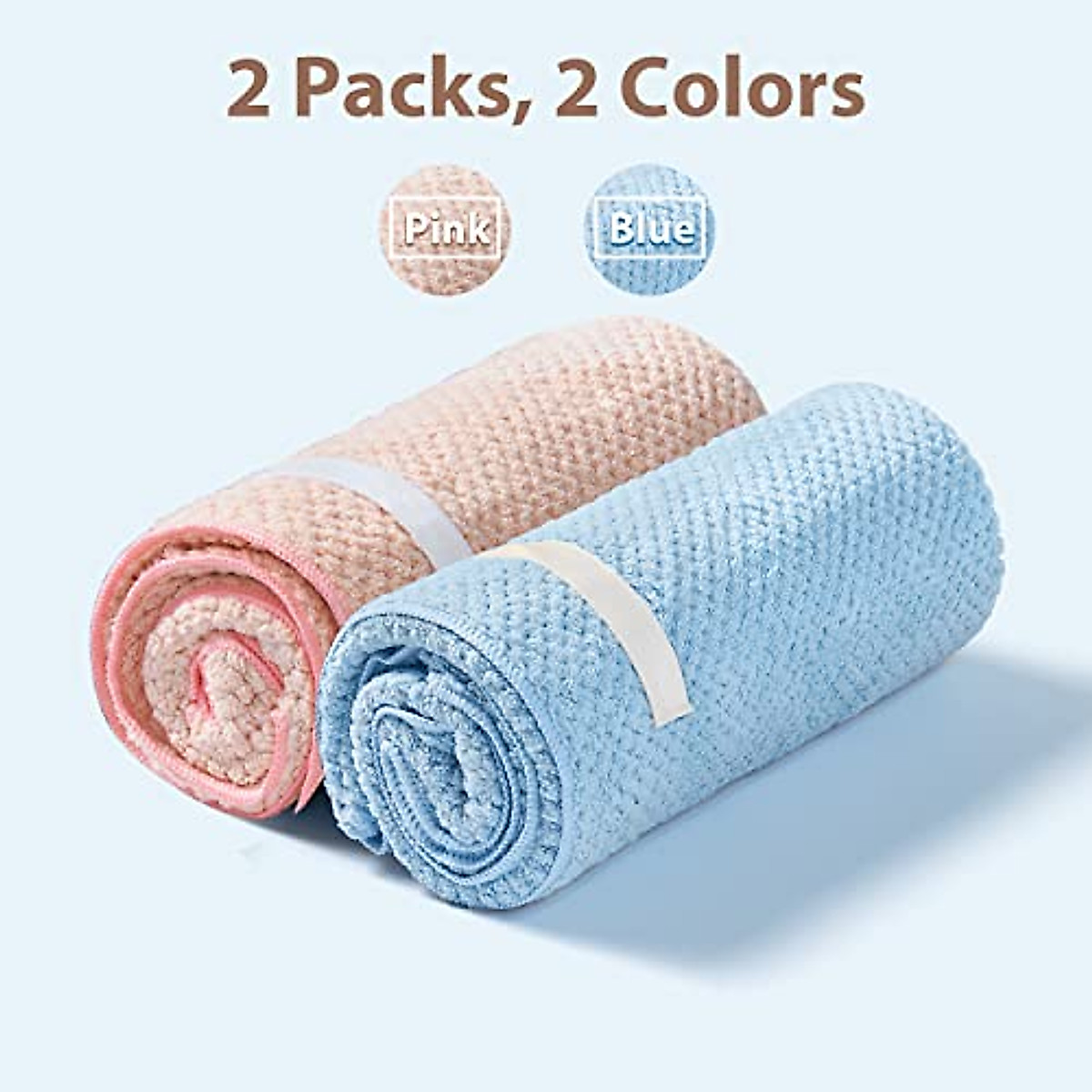 Sucedul Large Microfiber Hair Towel Wrap for Women, 2 Pack Super Absorbent Hair Drying Towel, Anti Frizz Fast Drying Hair Turbans for Long, Thick, Curly Hair, Super Soft Hair Wrap Towels Blue Pink
