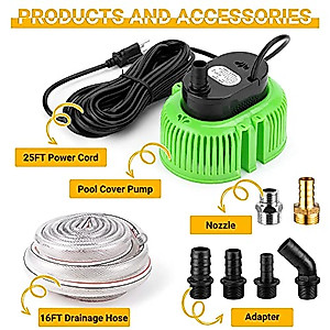 Pool Cover Pump Above Ground, Water Pump for Pool Draining, Submersible Water Pump Sump Pump with 16 Ft Drainage Hose & 25 Ft Extra Long Power Cord (840GPH-Green, Green)