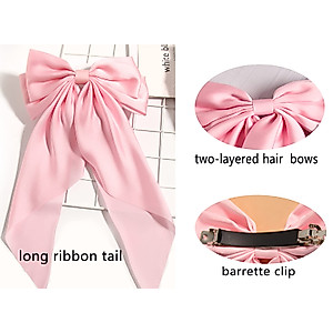 Furling Pompoms Hair Bows for Women,Large Satin Silky Hair Bow Clips Ribbon Long Tail French Barrette Hair Clamps Girls Hair Accessories Party Wedding Christmas Thanksgiving (Black Pink)