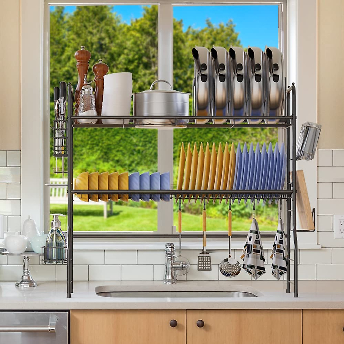 Bextsrack Over The Sink Dish Drying Rack, Multifunctional Dish Drying Rack with Pot Rack for Kitchen Storage Organizer