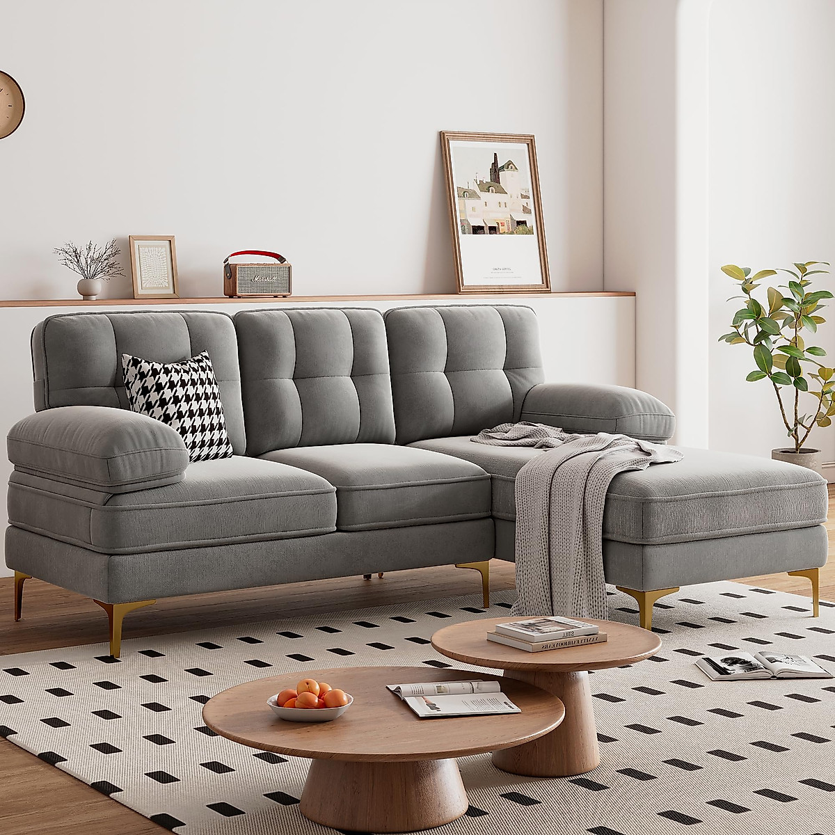 P PURLOVE Sectional Sofa, Velvet L-Shape Sofa with Chaise Lounge, Modern L-Shape Couch for Living Room, Small Spaces (Light Grey)