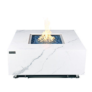 ELEMENTI Outdoor Fire Table Natural Gas 60,000 BTUs Firepit Patio Coffee Table, Backyard Fireplace Marble Porcelain Square Fire Pit, 17Inch-High,Bianco Series