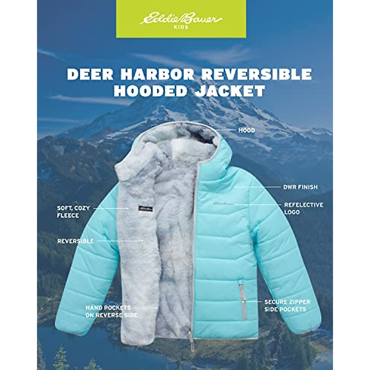 Eddie Bauer Girls' Reversible Jacket - Deer Harbor Waterproof Lightweight Puffer Coat with Faux Shearling Lining (5-20), Size 5/6, Aqua