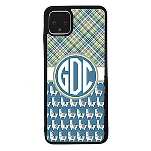 Green Blue and White Plaid Llama Monogram Black Rubber Phone Case Compatible With Google Pixel 8 Pro, 8a, 8, 7a, 7, Pixel 7 Pro, 6a, Pixel 6 Pro, 6, 5, 4a 5G, 4a 4G, 4, 4 XL, 3a, 3a XL, 3