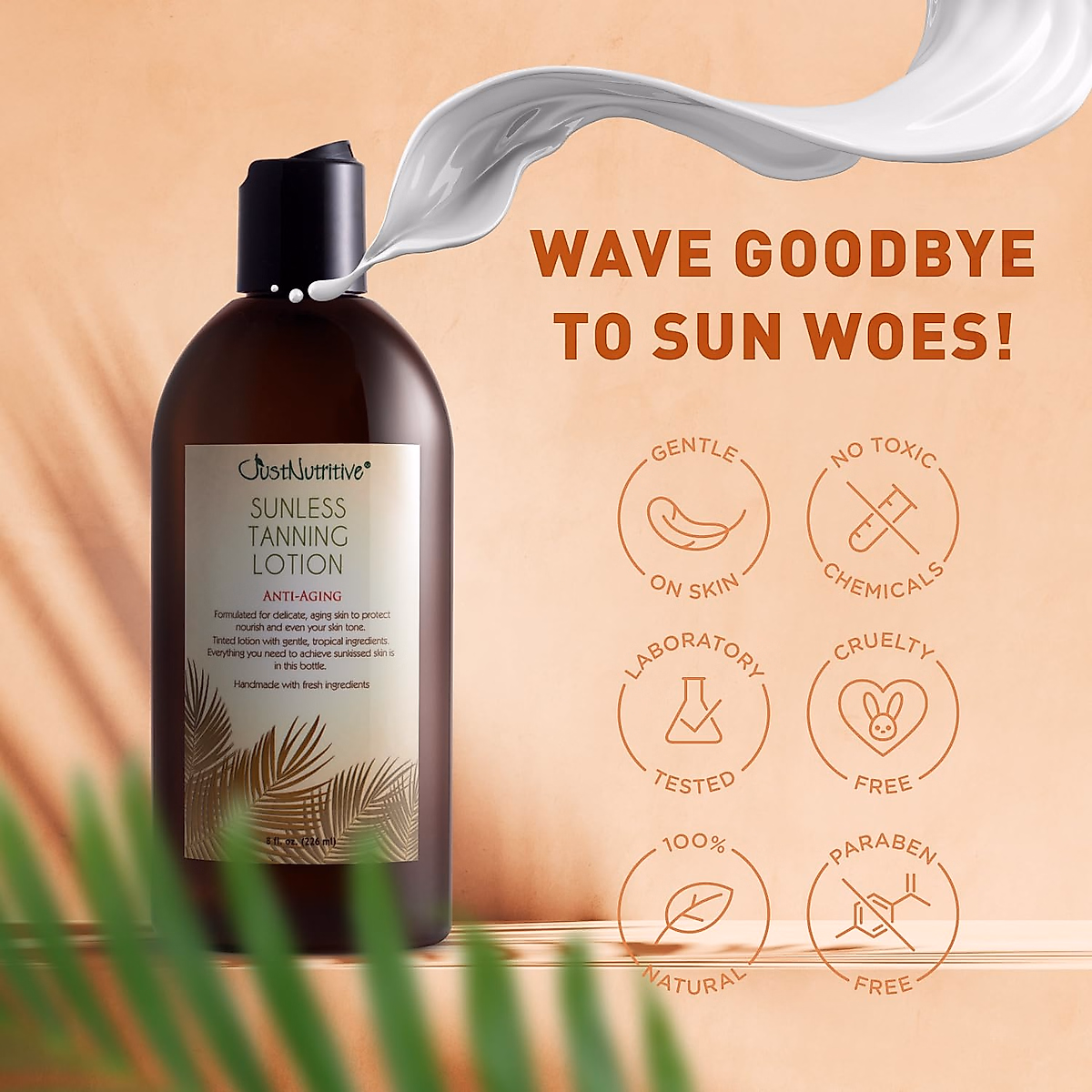 Sunless Tanning Lotion | Anti-Aging Self-Tanner | Body Tanning | Sun Kiss Glow Bronze Finish | Bronzer Lotion For All Skin Types | Just Nutritive | 8 Oz