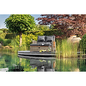 Greemotion Bahia Tobago Patio Poly Rattan Daybed, Steel Frame Loveseat Sofa Storage Ottoman Bench with Teak Retractable Side Tray, 5-Way Adjustable Cushioned Backrest (Brown/Dark Gray)