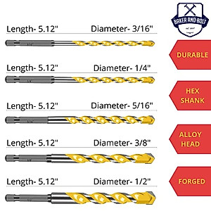 Baker and Bolt Masonry Drill Bit Set, 5 Pcs Concrete Drill Bit Set, for Ceramic Tile Brick Wood Plastic Cement. Impact Ready. Tungsten Carbide Tips 5.12'' Long, Sizes 3/16, 1/4, 5/16, 3/8, 1/2.