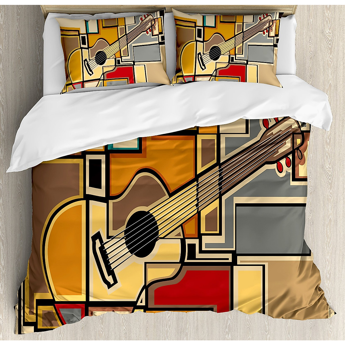 Ambesonne Music Duvet Cover Set, Funky Fractal Geometric Square Shaped Background Acoustic Guitar Art, Decorative 3 Piece Bedding Set with 2 Pillow Shams, King Size, Pale Yellow