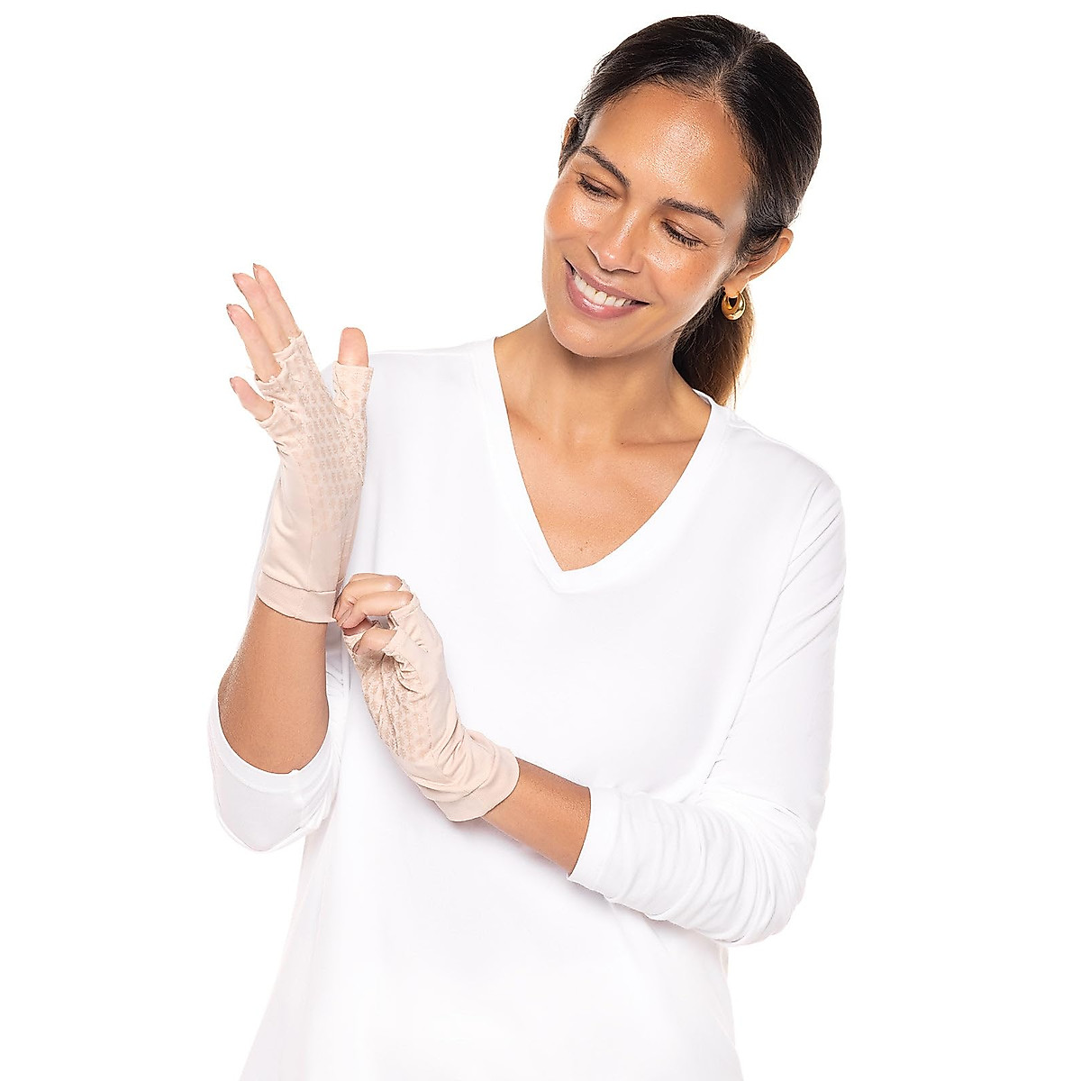 Coolibar UPF 50+ Men's Women's Ouray UV Fingerless Sun Gloves - Sun Protective (Small- Beige)