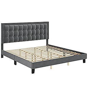 Assile Queen Size Upholstered Bed Frame, Button Tufted Velvet Platform Bed with Adjustable Headboard, Wood Slats, Noise-Free Design, No Box Spring Needed in Light Grey
