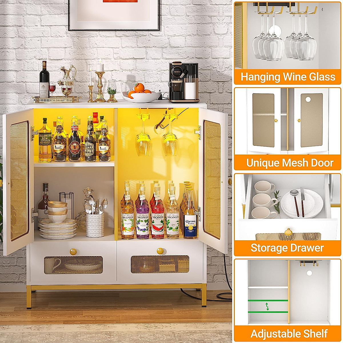 Sideboard Buffet Cabinet with Storage, Wine Bar Cabinet with Power Outlet & LED Light, Kitchen Storage Cabinet with Drawers, Liquor Coffee Bar Cupboard Buffet Table for Dining Room, White