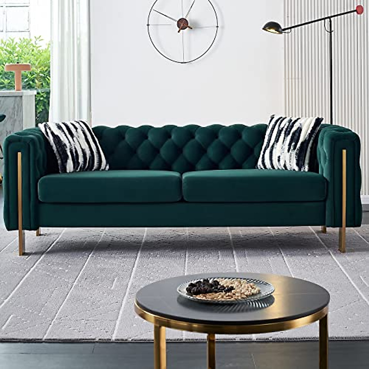 CALABASH Green Velvet Couch, Chesterfield Sofa 84 Inch Living Room Mid-Century Modern Tufted Velvet Gold Metal Legs and 2 Throw Pillows (Green)