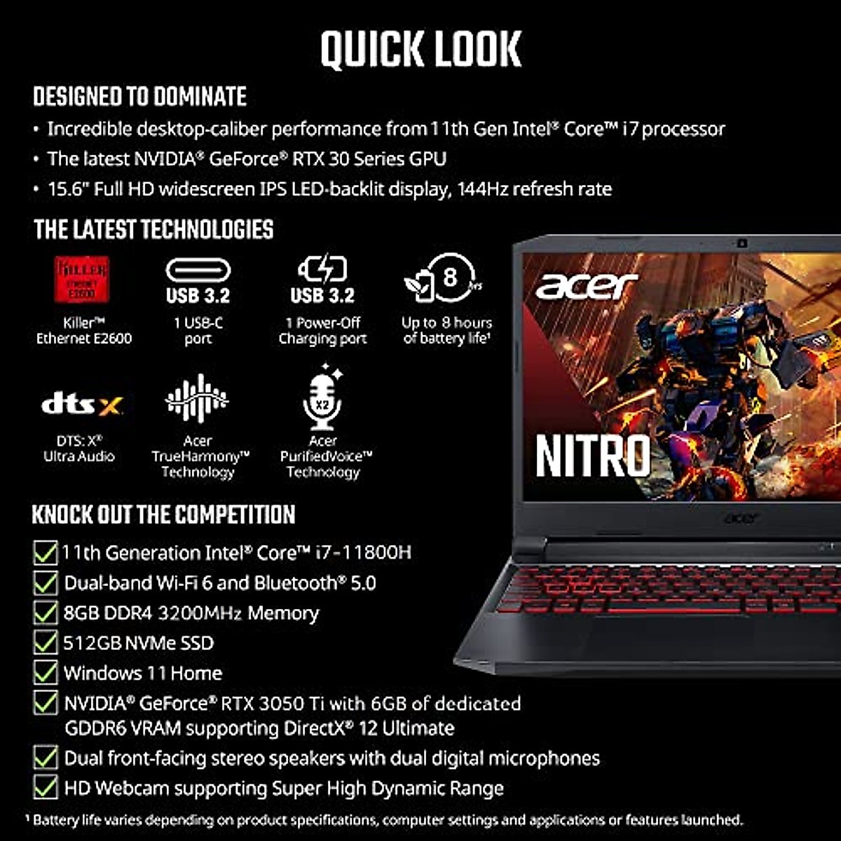 Acer Nitro 5 AN515-57 Gaming Laptop Intel Core i7-11800H NVIDIA RTX 3050 Ti 15.6" FHD 144Hz IPS Display 8GB DDR4 512GB NVMe SSD Killer Wi-Fi 6 Backlit Keyboard (Renewed)