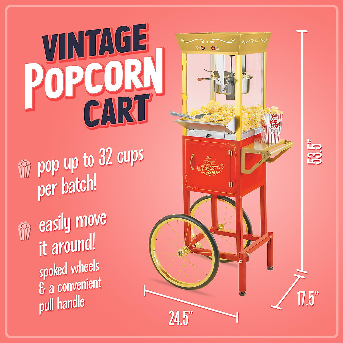 Nostalgia Popcorn Maker Machine - Vintage Theater Style Popcorn Cart